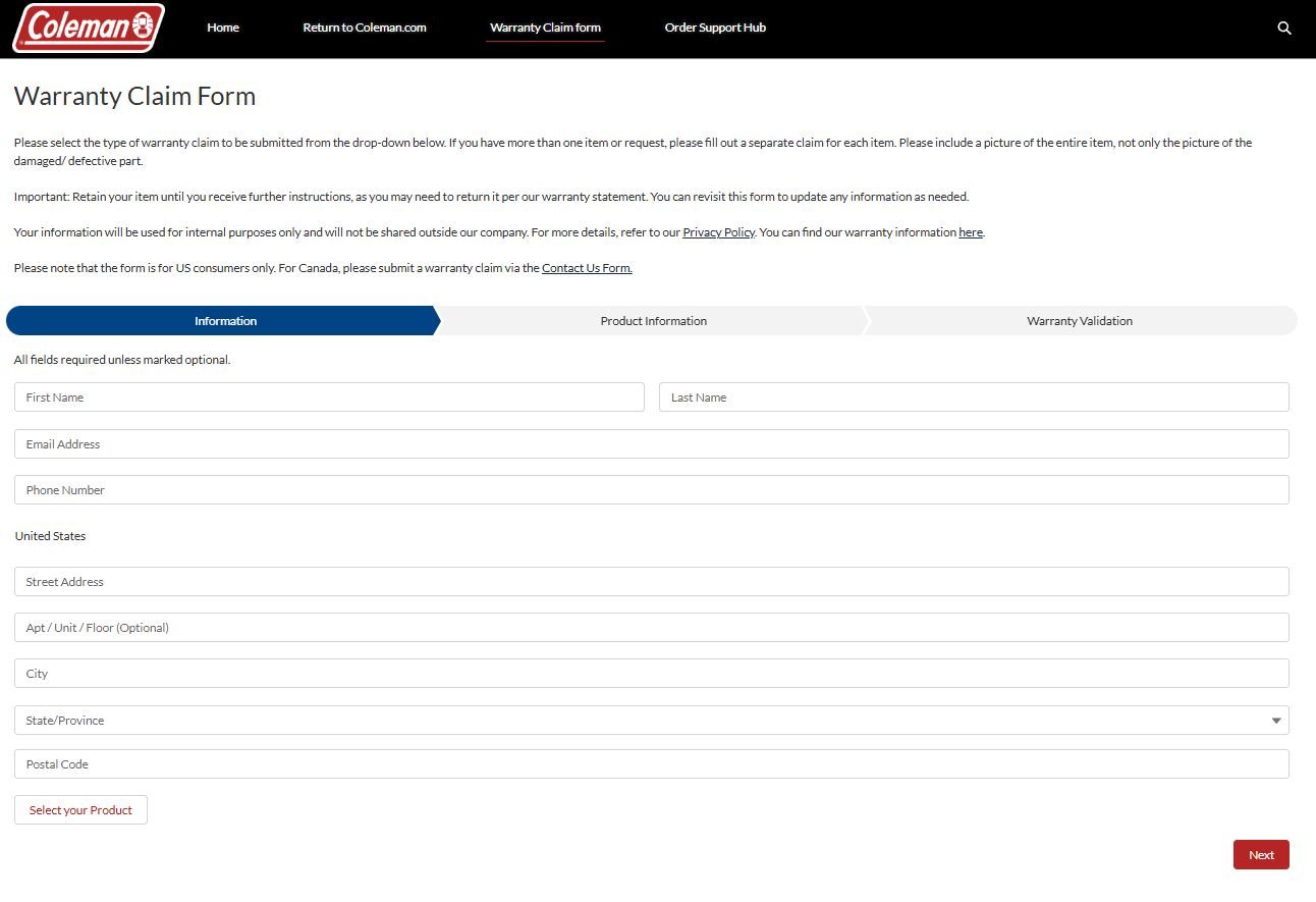 Coleman Warranty Form Instruction